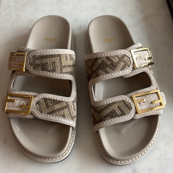 Fendi | Shoes | Fendi Feel Leather Slides Sz 4 Ff Logo Dove Gray Taupe ...